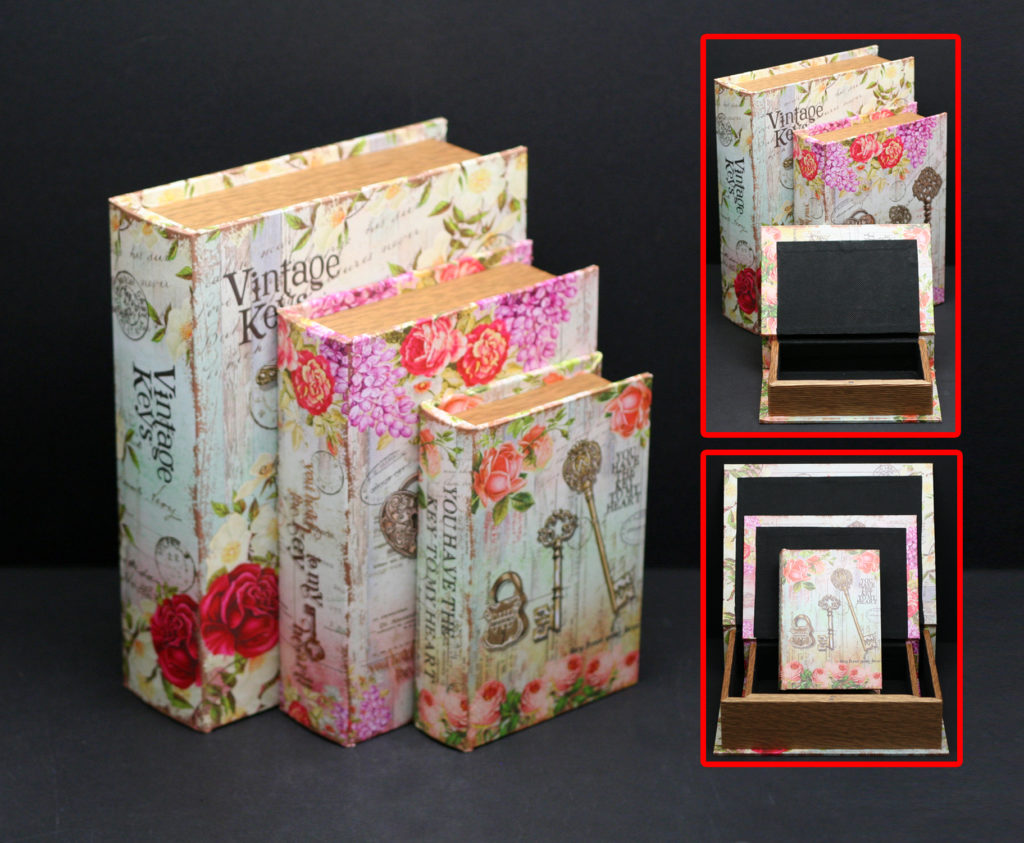 ZX1002: Key - S/3 Vintage Book Shaped Box - Ace Annison Giftware Wholesale